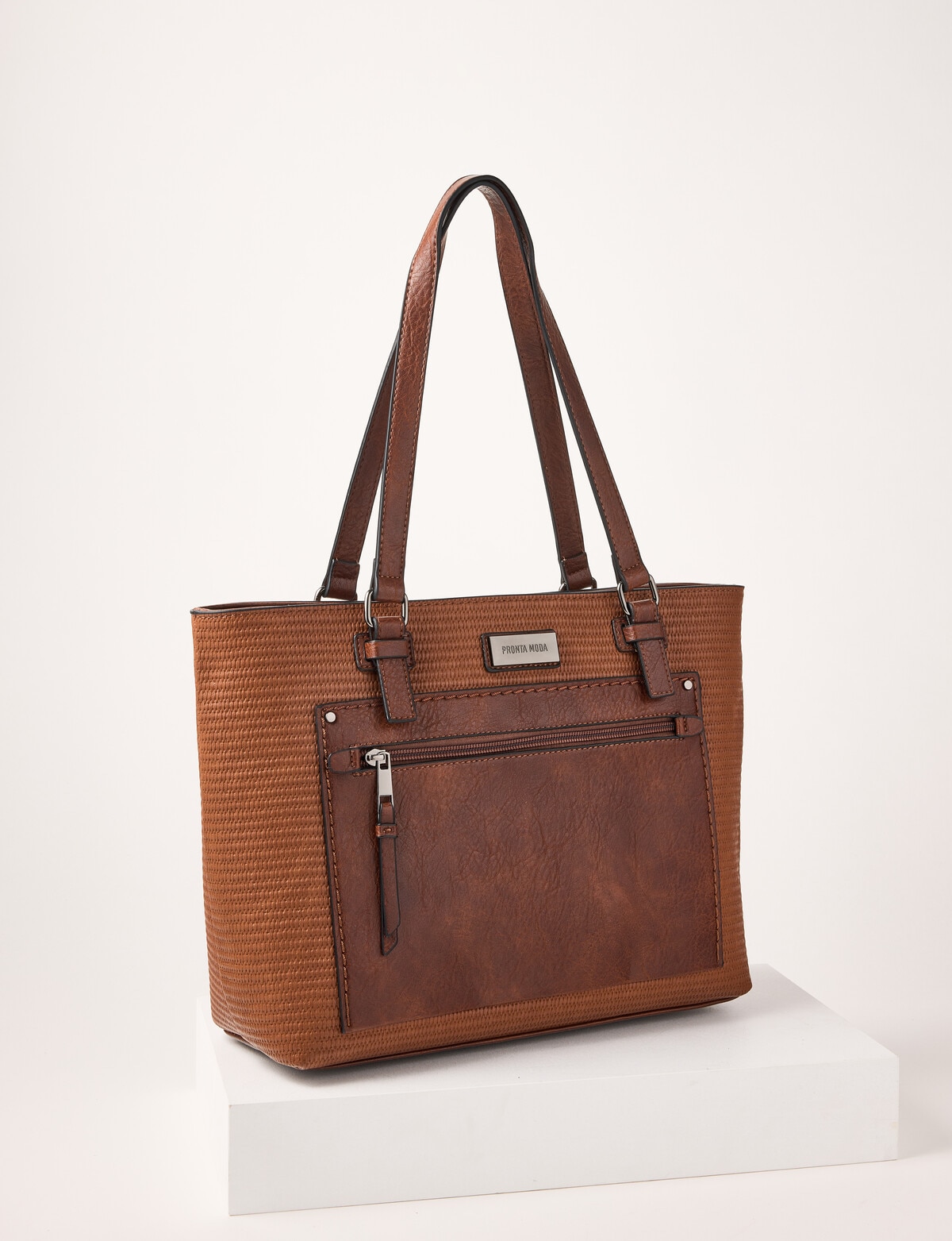 Pronta Moda Faux Straw Tote Bag, Tan & Brown - Handbags