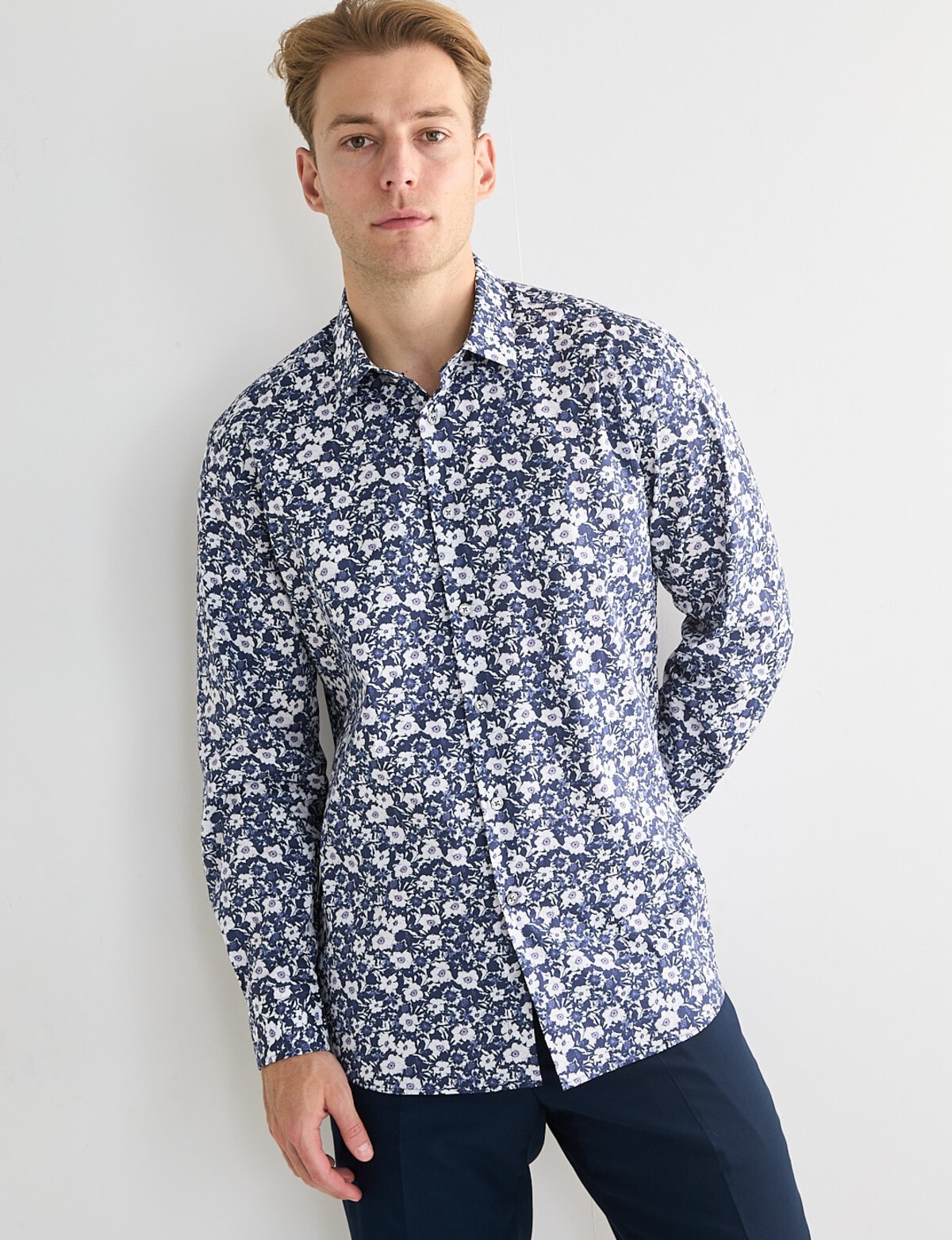 Laidlaw + Leeds Bouquet All Over Print Long Sleeve Shirt, Navy - Formal ...