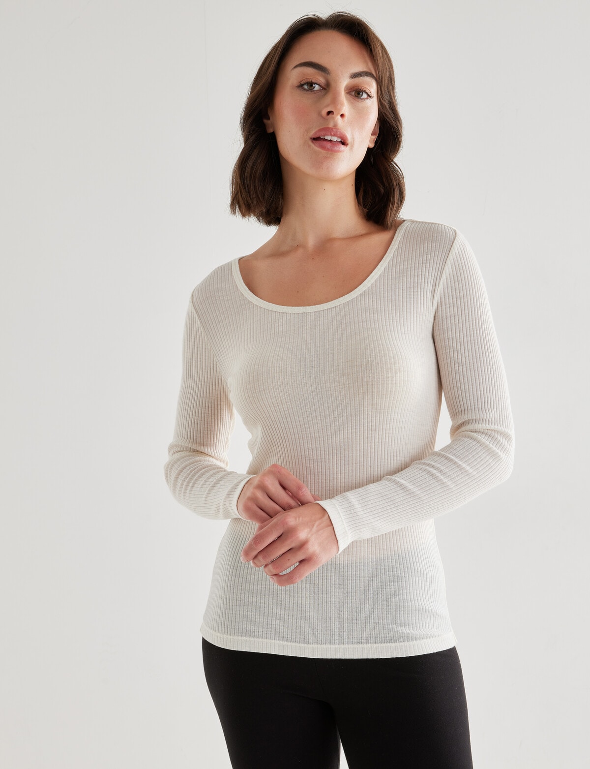 Lyric Thermals Rib Merino Long Sleeve Top, Ivory - Tops