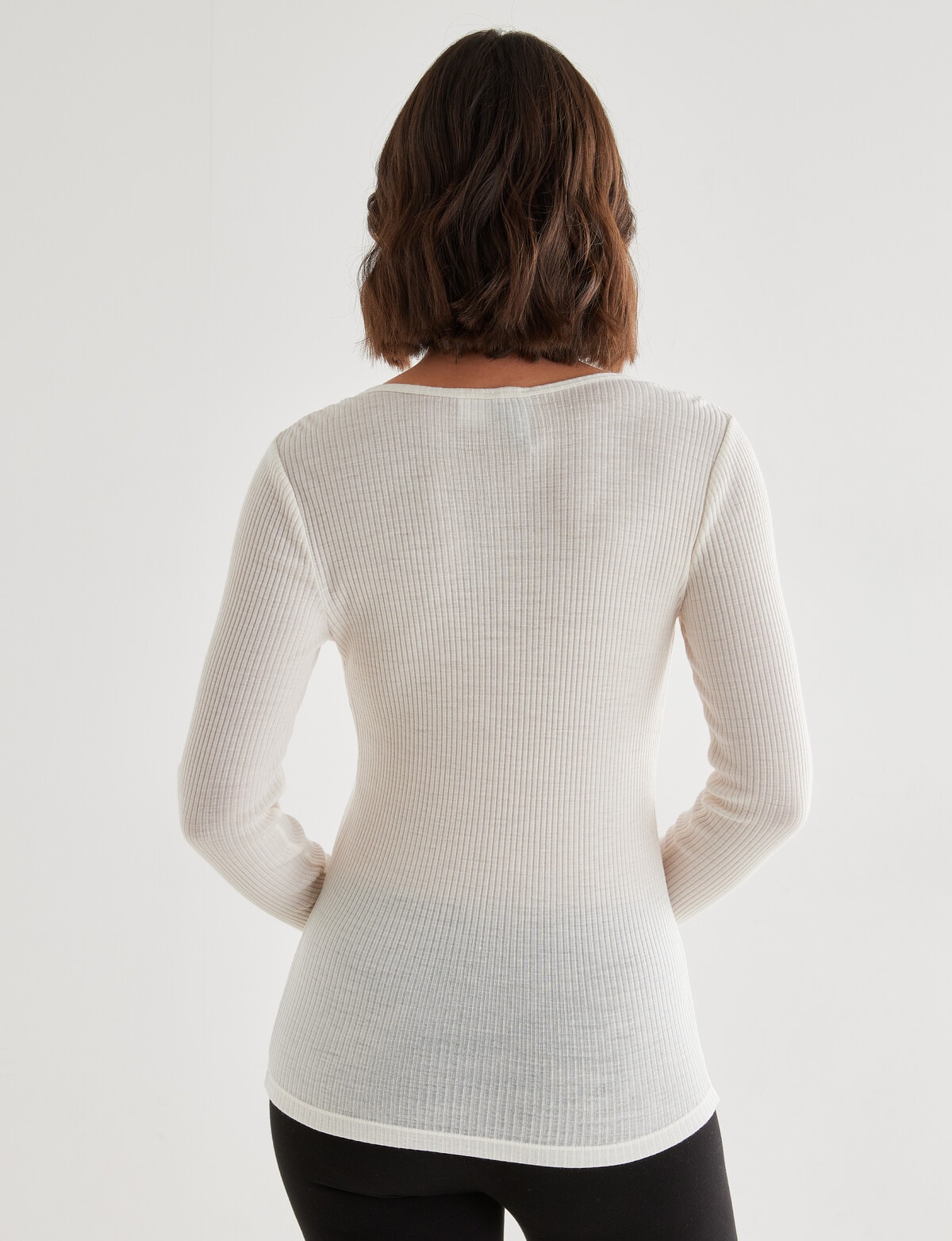 Lyric Thermals Rib Merino Long Sleeve Top, Ivory - Tops