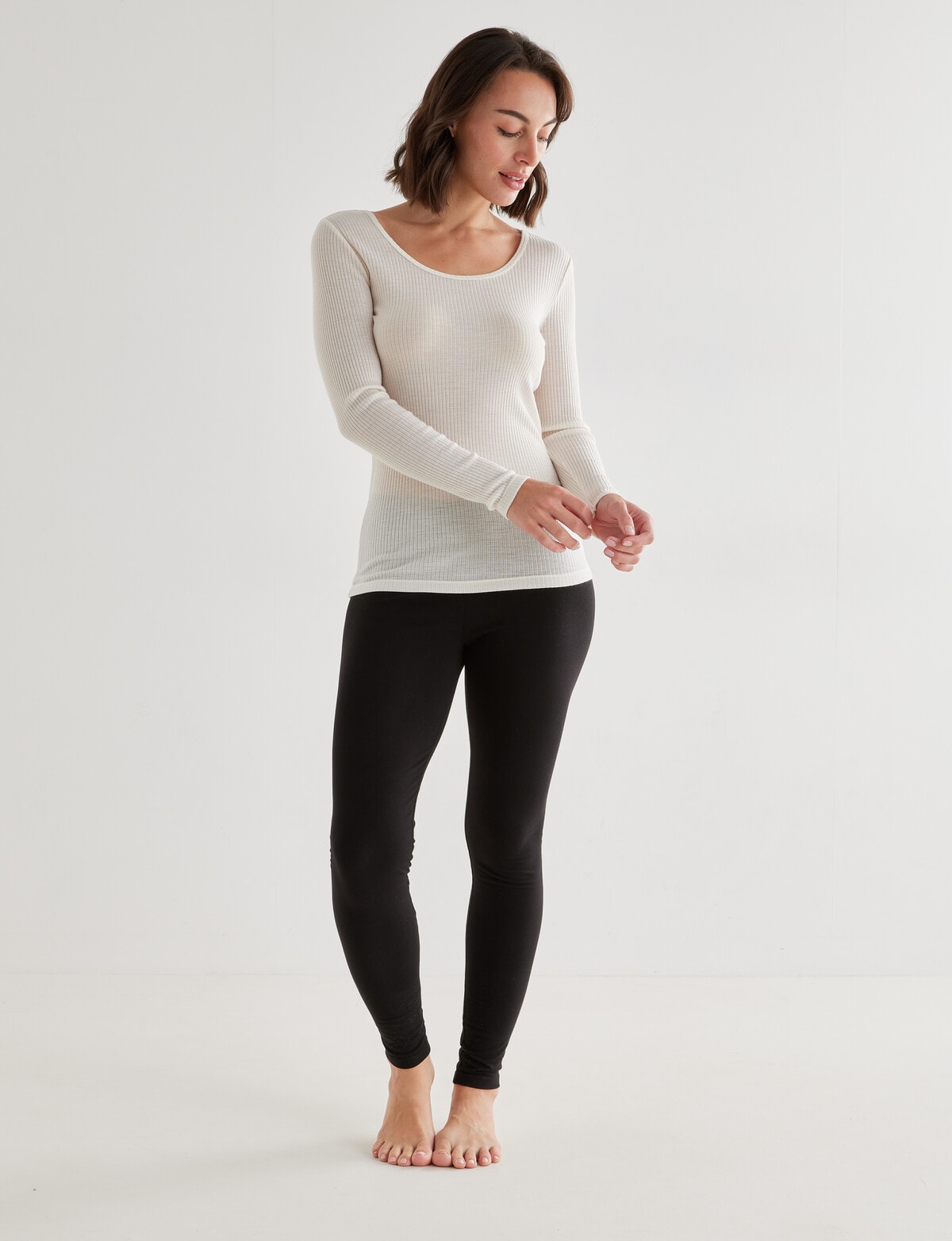 Lyric Thermals Rib Merino Long Sleeve Top, Ivory - Tops