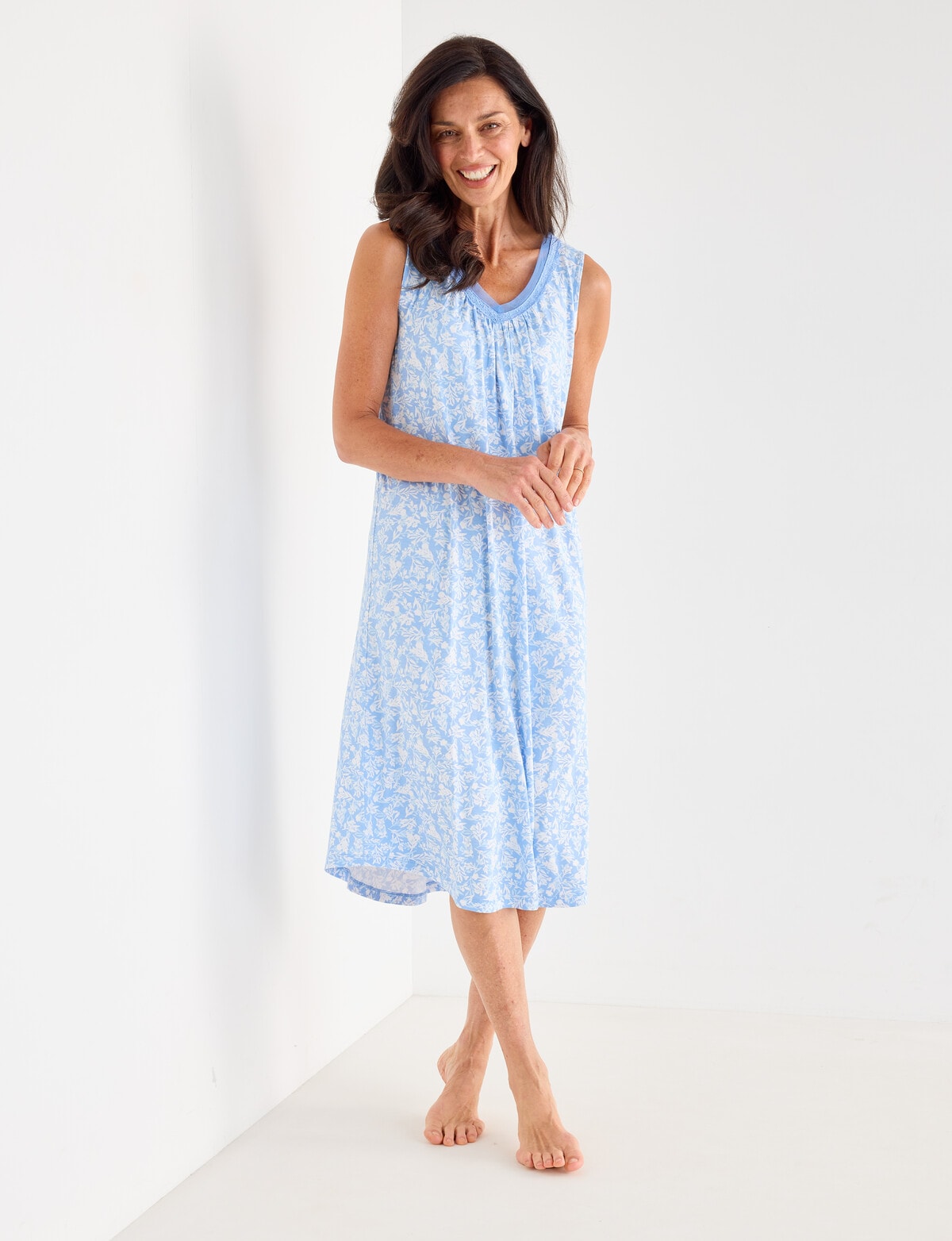Ruby & Bloom Print Sleeveless V-Neck Nightie, Blue, 10-20 - Nighties