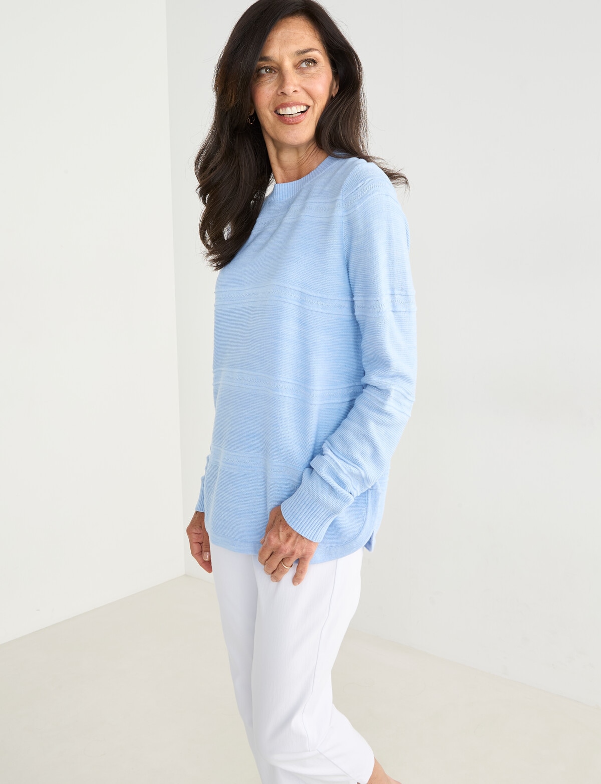 Ella J Textured Crew Neck, Blue - Knitwear