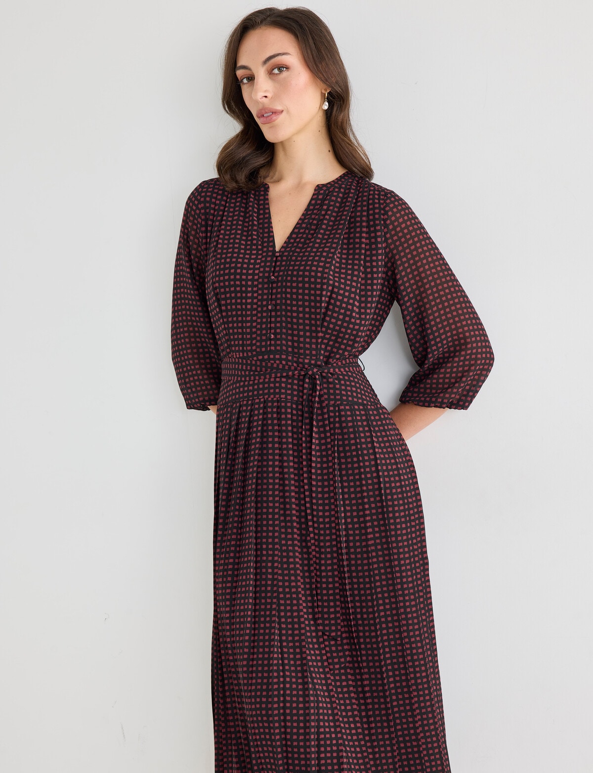 Oliver Black Sunray Pleated Dress, Grid Print Black & Burgundy - Dresses