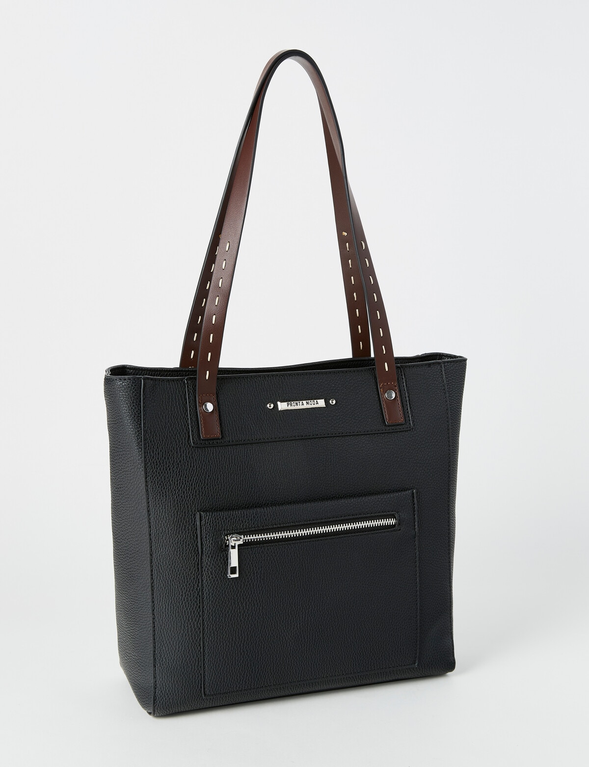 Pronta Moda Saddle Stitch Tote Bag, Black - Handbags