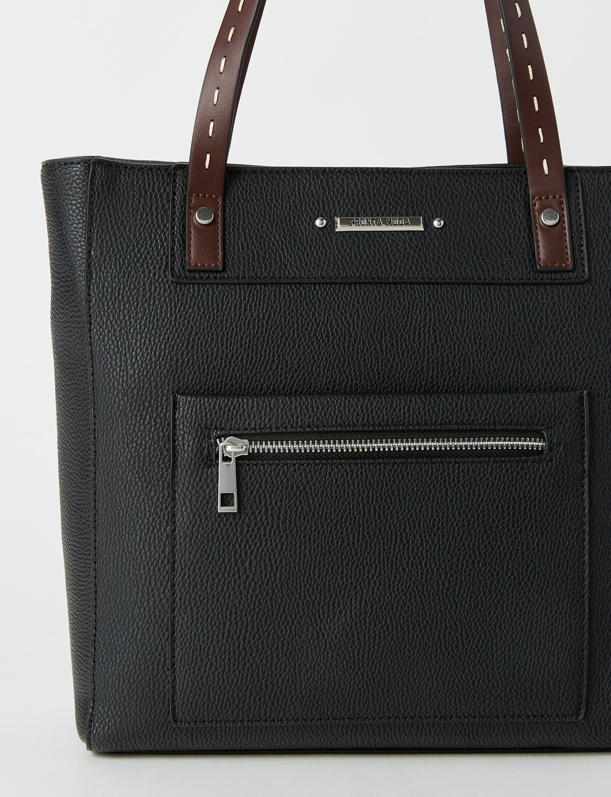 Pronta Moda Saddle Stitch Tote Bag, Black - Handbags