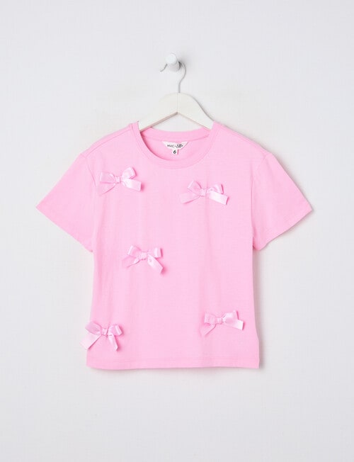 Mac & Ellie Ribbon Bows Short Sleeve Boxy Tee, Pink Sugar - Tops